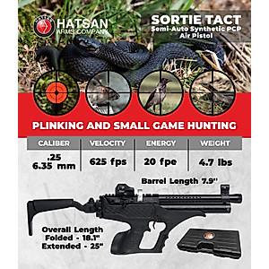 Hatsan Sortie Tact Semi-Auto PCP Synthetic .25 Cal Air Pistol with Wearable4U 100x Paper Targets and 150x .25cal Pellets Bundle