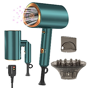 Dxliwky Professional Ionic Hair Dryer Blow Dryer with Diffuser and Concentrator for Curly Hair,Foldable Handle Travel Hair Dryer,Constant Temperature Hair Care (Vintage Green)