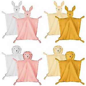 Mixweer 8 Pieces Bunny Lovey Blankets for Babies Organic Cotton Muslin Blankets Soft Lion Blanket Security Breathable Lovie Towel for Infant and Newborn