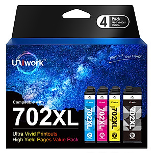 702XL 702 XL 702 Ink Cartridges - Uniwork Remanufactured Ink High Yield Replacement for Epson 702XL 702 702 XL T702XL use with Pro WF-3720 WF-3730 WF-3733 Printer (1 Black 1 Cyan 1 Magenta 1 Yellow)