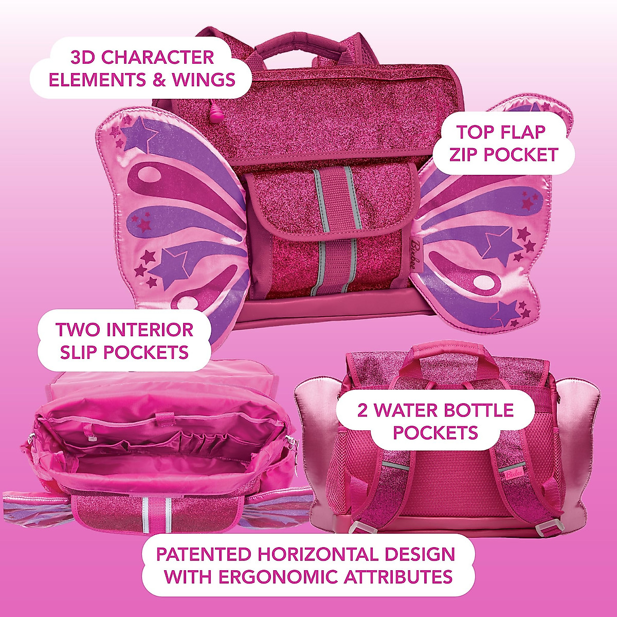 Bixbee Toddler Backpack, Ruby Raspberry Sparkly Butterfly Bookbag for Girls & Boys Ages 3-5 | Daycare, Preschool, Elementary School Bag for Kids | Easy to Carry & Water Resistant