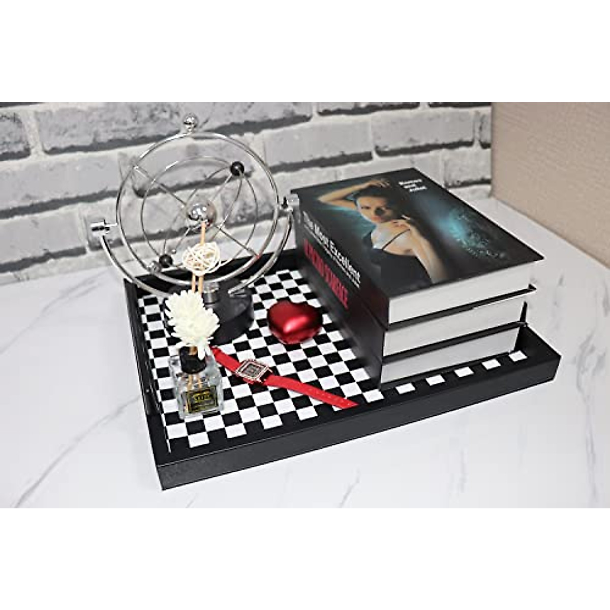 MCBZ Living Room Bedroom Decorative Tray, Coffee Table Kitchen Serving Tray, PU Leather Tray with Metal Handle 16.5 x 12.6 inches (Black and White Grid)