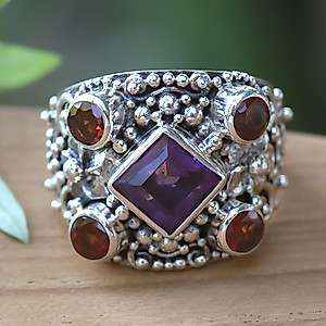 NOVICA Artisan Handmade .925 Sterling Silver Amethyst Garnet Cocktail Ring Large Silver with Sterling Purple Red Indonesia Birthstone Balinese Traditional 'Royal Balinese'