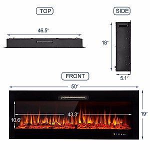 Homedex 50" Recessed Mounted Electric Fireplace Insert with Touch Screen Control Panel, Remote Control, 750/1500W, Log/Crystal Options