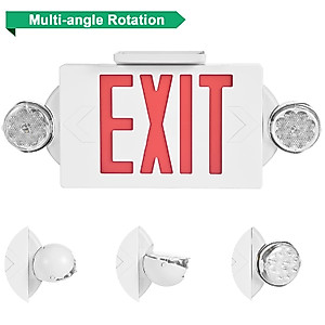 Red Exit Sign with Emergency Lights, 110-277V Double Sided LED Combo Emergency Light with 2 Rotating Flood Lights, Fire Resistant, UL Certified, Exit Sign with Battery Backup for Business