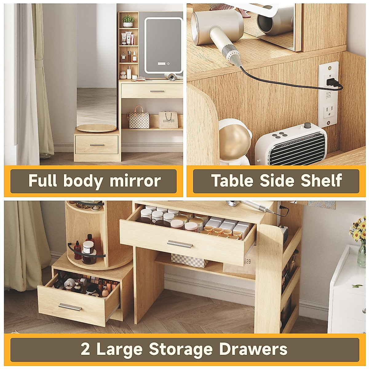 Natural Vanity Desk with Full Length Mirror and Lights Mirror Makeup Vanity Table with 2 Storage Drawers Dressing Table for Bedroom with Power Outlet,Charging Station,Hooks Hidden,Shelves,Natural