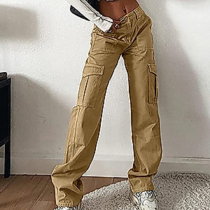 Akklian Cargo Pants for Women Y2K Streetwear Multiple Pockets Combat Military Trousers Solid Color Casual Pants