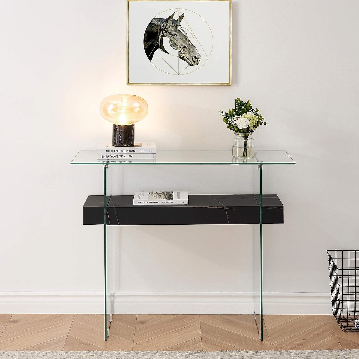 ivinta Glass Console Table with Storage, Small Black Faux Marble Entryway Table for Living Room, 39.4" Modern Sofa Table for Foyer, Hallway, Bedroom