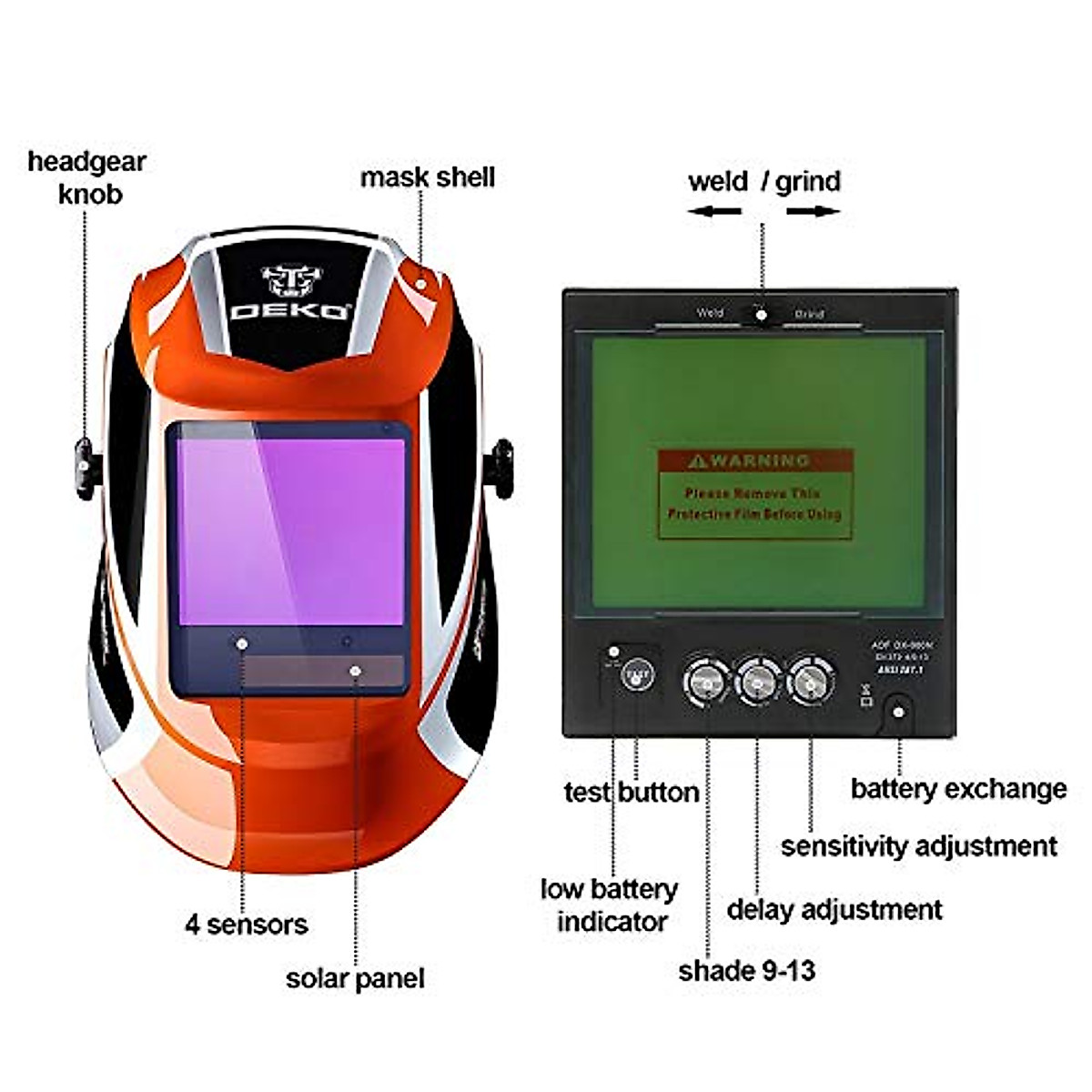 DEKOPRO Welding Helmet Auto Darkening Solar Powered wide viewing field Professional Hood with Wide Lens Adjustable Shade Range 4/9-13 for Mig Tig Arc Weld Grinding Welder Mask