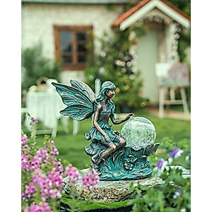 TERESA'S COLLECTIONS Fairy Garden Sculptures & Statues, Large Solar Outdoor Statue Figurines with Crackle Glass Globe, Resin Fairy Garden Decor for Outside Balcony Patio Deck Yard Decor,11.8 inch