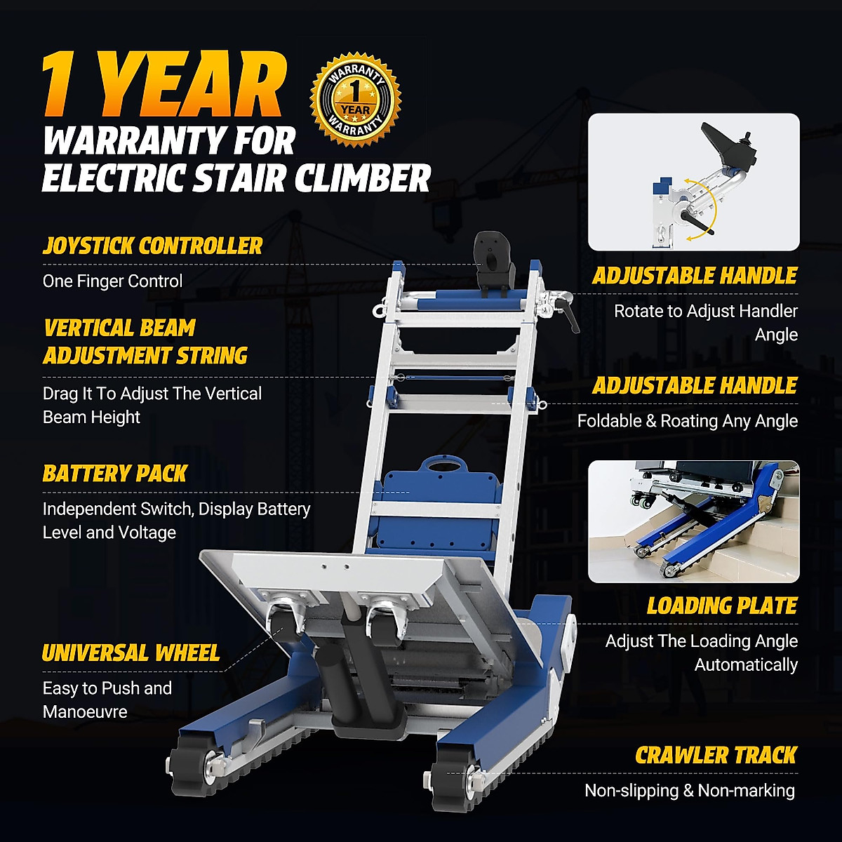 XSTO CT420C Powered Heavy Duty Track Stair Climbing Hand Truck, 926 lbs Load Capacity, Electric Semi-Automatic Stair Climber Cart for Material Handling