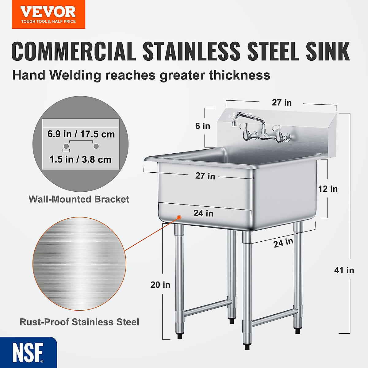 VEVOR Stainless Steel Prep & Utility Sink, 1 Compartment Free Standing Small Sink Include Faucet & legs, 27"x41" Commercial Single Bowl Sinks for Garage, Restaurant, Kitchen, Laundry, NSF Certified