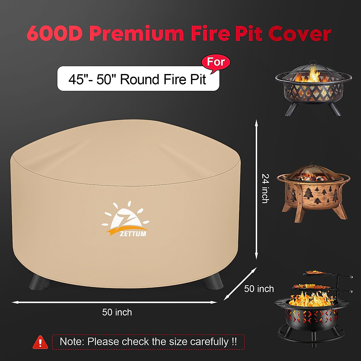 Zettum Fire Pit Cover Round 50 Inch - Outdoor Firepit Cover Waterproof & Heavy Duty, 600D Patio Fire Table Cover Large Gas Fire Pit Accessories Fade & Weather Resistant - 50 x 50 x 24 Inch