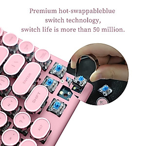 Adventurers Typewriter Keyboard,Bluetooth Wireless Keyboard with 83 Keys Hot Swappable Blue Switch/Round Keycaps/White Backlit/Compact 75% Layout Wired Keyboard for Windows/Mac/PC/Laptop/ipad,Pink