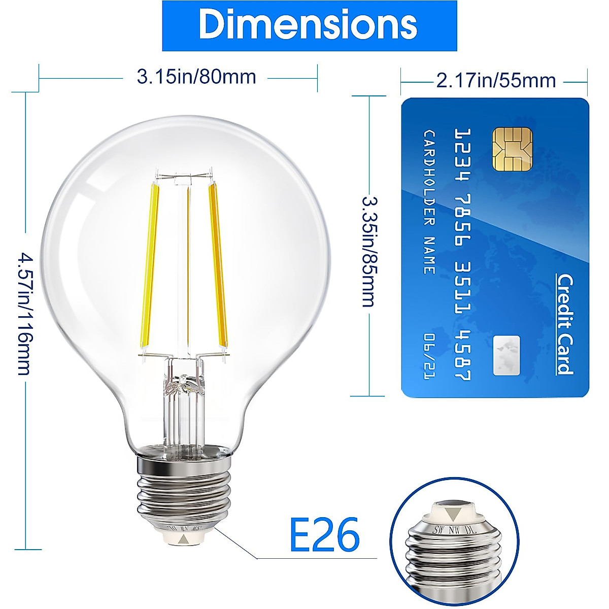 E ENERGETIC LIGHTING Dimmable G25 LED Bulb, 4.5W LED Filament Light Bulbs, Clear Glass Round Light Bulb, 3CCT, 2700K/3500K/5000K, 500LM High Brightness, 60 W Equivalent, E26 Base, 6 Pack
