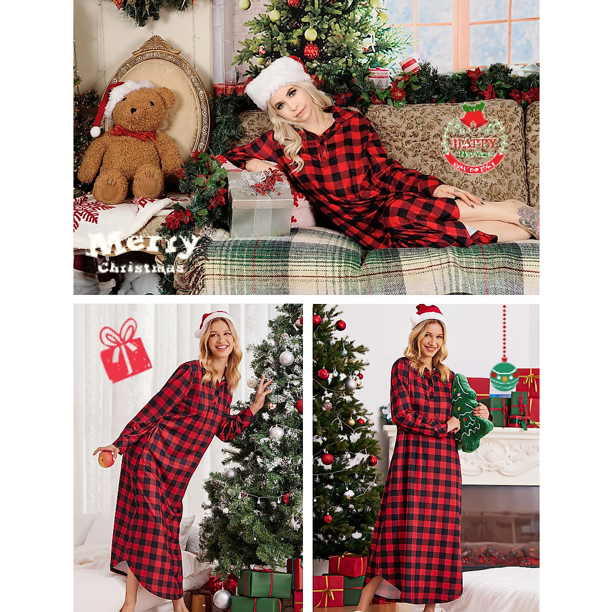 Ekouaer Women's Nightgown Long Sleeve Nightshirt Full Length Loungewear Plaid Sleepwear With Pockets, Red Plaid, Large