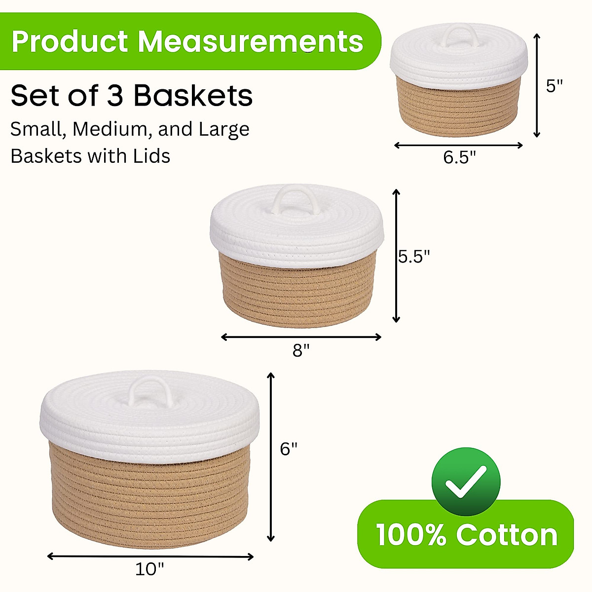 Auguste Round Basket with Lid - Set of 3 Storage Baskets with Lid - Decorative Storage Basket With Lid, Woven Basket with Lid, Cute Cotton Rope Basket, Multi-Purpose Cotton Rope Storage Basket