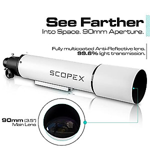 SCOPEX Telescope 90mm Aperture, Telescopes for Adults Astronomy Professional, AZ Astronomical Refractor, Telescope for Kids 8-12 Plus, Phone Adapter, Two Finderscopes, Bluetooth Remote, Case. White