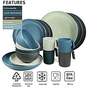 Shopwithgreen Plastic Dinnerware Sets (16PCS) - Lightweight & Unbreakable Dinnerware Set - Microwave Safe Plates Set, Bowls, Cups Mugs, Service for 4, Great for Kids & Adult (Round)
