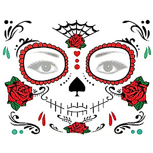 Day of Dead Face Tattoos, 6-Sheet Sugar Skull Tattoos Temporary Stickers and 3-Sheet Fake Floral Black Skeleton Web Full Face Mask Tattoo for Women Girls Kids Holloween Face Makeup