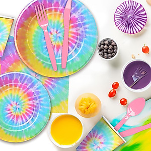 Xenorik Tie Dye Plates And Napkins Party Supplies - Pastel Tie Dye Party Decorations Tableware For Girl's 1st 2nd 3rd Birthday, Plate, Cup, Napkin, Fork, Tie Dye Baby Shower Decorations | Serve 24