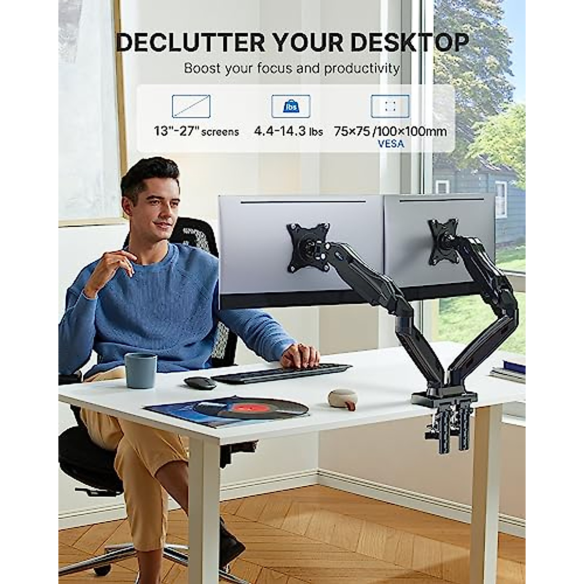 HUANUO Dual Monitor Stand, Adjustable Spring Monitor Desk Mount for 13-27 inch, Holds Max 14.3lbs, Computer Monitor Arms with Wide Range of Motion for Home Office