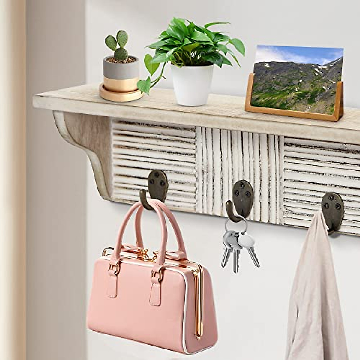 ZONECYTD Rustic 17" Small Wood Farmhouse Entryway Hat Floating Wall Shelves Mounted Shelf, Hanging Purse Bag Backpack Shelves for Wall Decor with Hooks for Kitchen Bedroom Bathroom, White