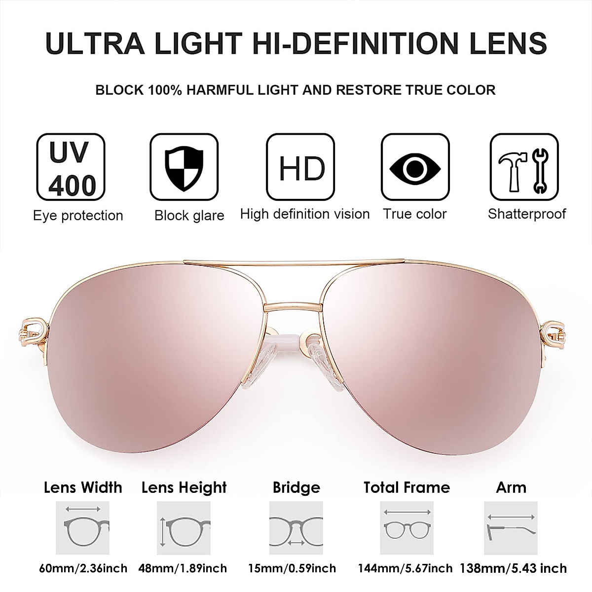 FENCHI Classic Aviator Sunglasses for Women Mirrored Lens Chain Arms Half Rim Metal Frame Sun Glasses UV 400 Protection 60mm