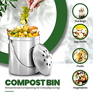 Utopia Kitchen Compost Bin for Kitchen Countertop - 1.3 Gallon Compost Bucket for Kitchen with Lid - Includes 1 Spare Charcoal Filter (Silver)
