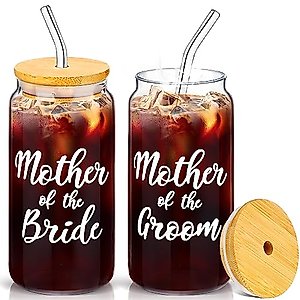 2 Sets Mother of The Groom Glass Cups with Lids and Straws, Mother of The Bride 16 oz Iced Coffee Cups, Wedding Gifts for Bride and Groom (Mother)