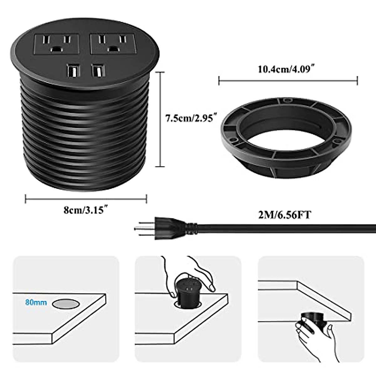 Desk Power Grommet, Haylink Desk Hole Cover Grommet 3.15 Inch(80mm) Recessed Power Outlet USB Grommet with 2 Flat Plugs, Connect 6.56ft Extension Cord,Black