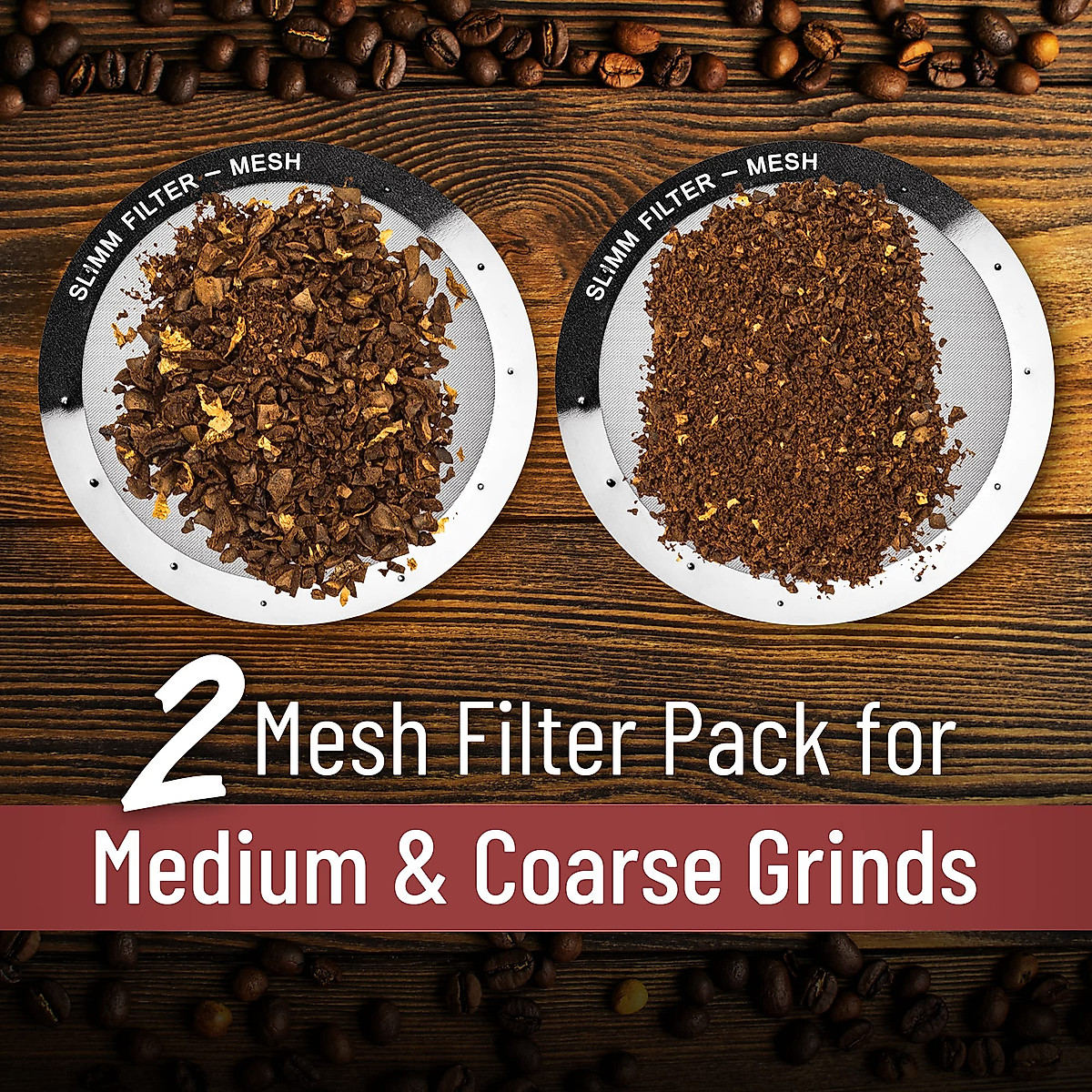 Reusable Filter Set by Slimm Filter - 2 Piece, Stainless Steel Metal - 2x Mesh Metal Filters For AeroPress Coffee & Espresso Maker, with Complimentary Recipe Book - Brew Barista-Grade Coffee At Home
