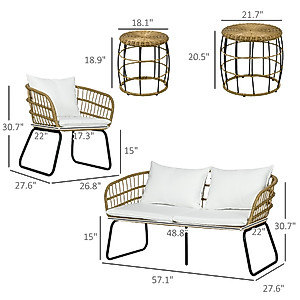 Outsunny 5 Piece PE Rattan Outdoor Furniture Set with Cushioned Chairs & Loveseat Sofa, Patio Sectional Furniture Set, Conversation Sofa Set with Stackable Coffee Tables, Cream White