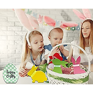 Ahzemepinyo 6 Pieces Easter Bunny Egg Table Wooden Sign Hello Spring Tiered Tray Decorations Double Printed Buffalo Plaid Bunny Egg Wood Tabletop Decoration for Spring Easter Farmhouse Tray Decor