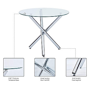 Modern Round Dining Table with Clear Tempered Glass Top, 3 Chrome Legs Kitchen Table for 2 or 4 Person,Round Dining Table Furniture for Home Office Kitchen Dining Room(W 35.4 x L 35.4 x H 29.5 inch)