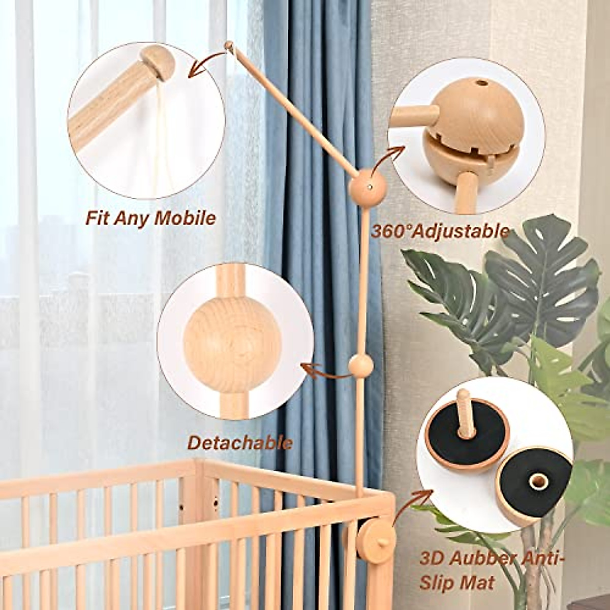 Wooden Baby Crib Mobile Arm, Adjustable Mobile Holder for Crib and Desk Rotating Baby Mobile Hanger Nursery Decoration (3 Modes)
