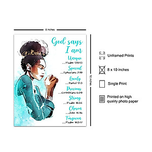 Bible Verse Wall Art & Decor - African American Women - God Says You Are - Inspirational Motivational Poster - Religious Christian Scripture Encouragement Gifts - Black Girls Bedroom - Blue - 8x10