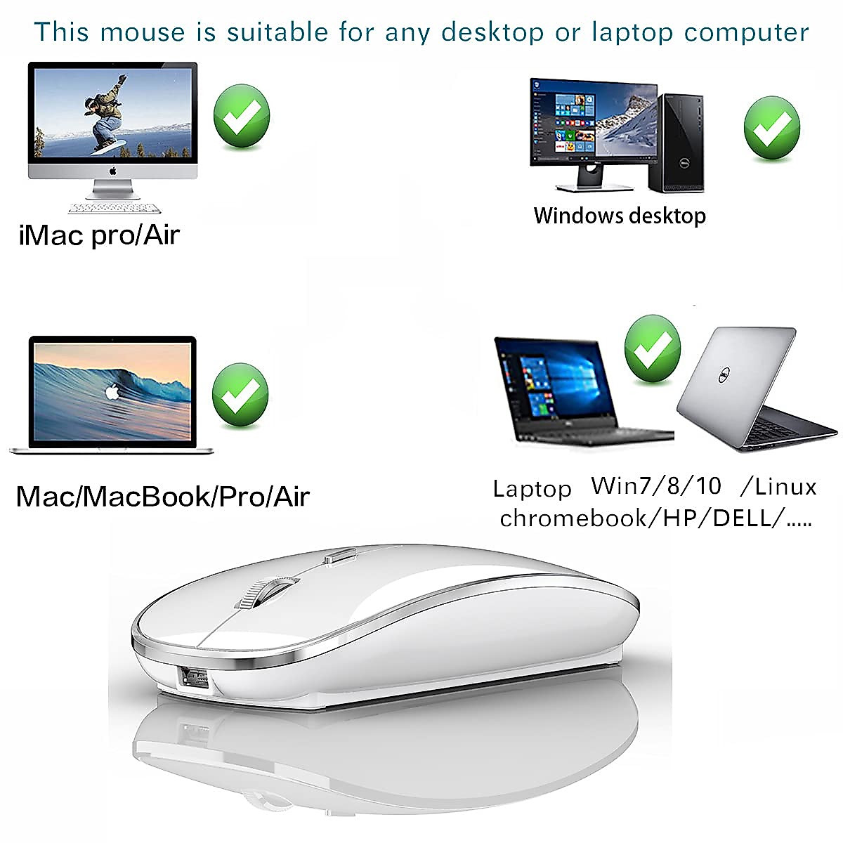 2.4G USB C Receiver Wireless Mouse for Computer Chromebook for Microsoft Laptop Mac DELL HP iMac MacBook Pro Air Win7 8 10 11