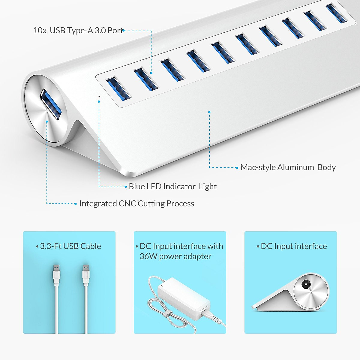USB Hub, ORICO Super Speed USB 3.0 Triangle Aluminum Alloy Hub Splitter with DC12V Power Adaptor, 10-Port Data Hub with 3.3 Ft Extened Cable for MacBook, Mac Pro, iMac, Notebook, PC - Silver