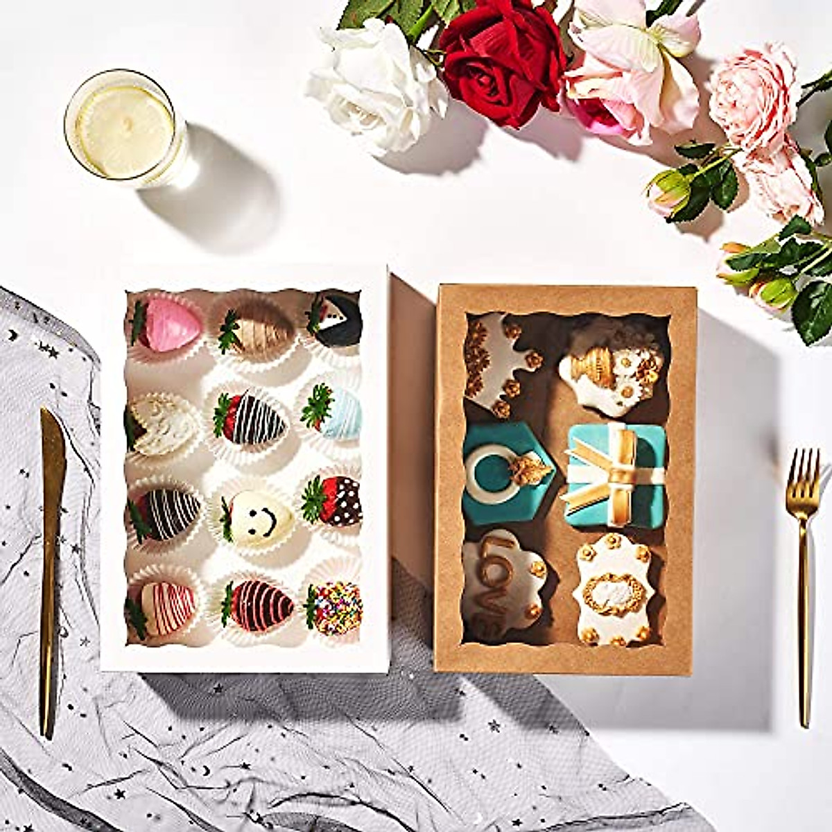 JCXGRVC 4PCS 10 x 7 x 2.5 inches Elegant Cookies Boxes, Strawberries Boxes with Display Window, White Paper Box