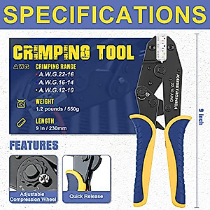 haisstronica Crimping Tool For Heat Shrink Connectors-AWG 22-10 Ratchet Wire Terminal Crimper-Ratcheting Crimper Tools-Available For Insulated Nylon Connectors and Electrical Wire Connectors HS-8327