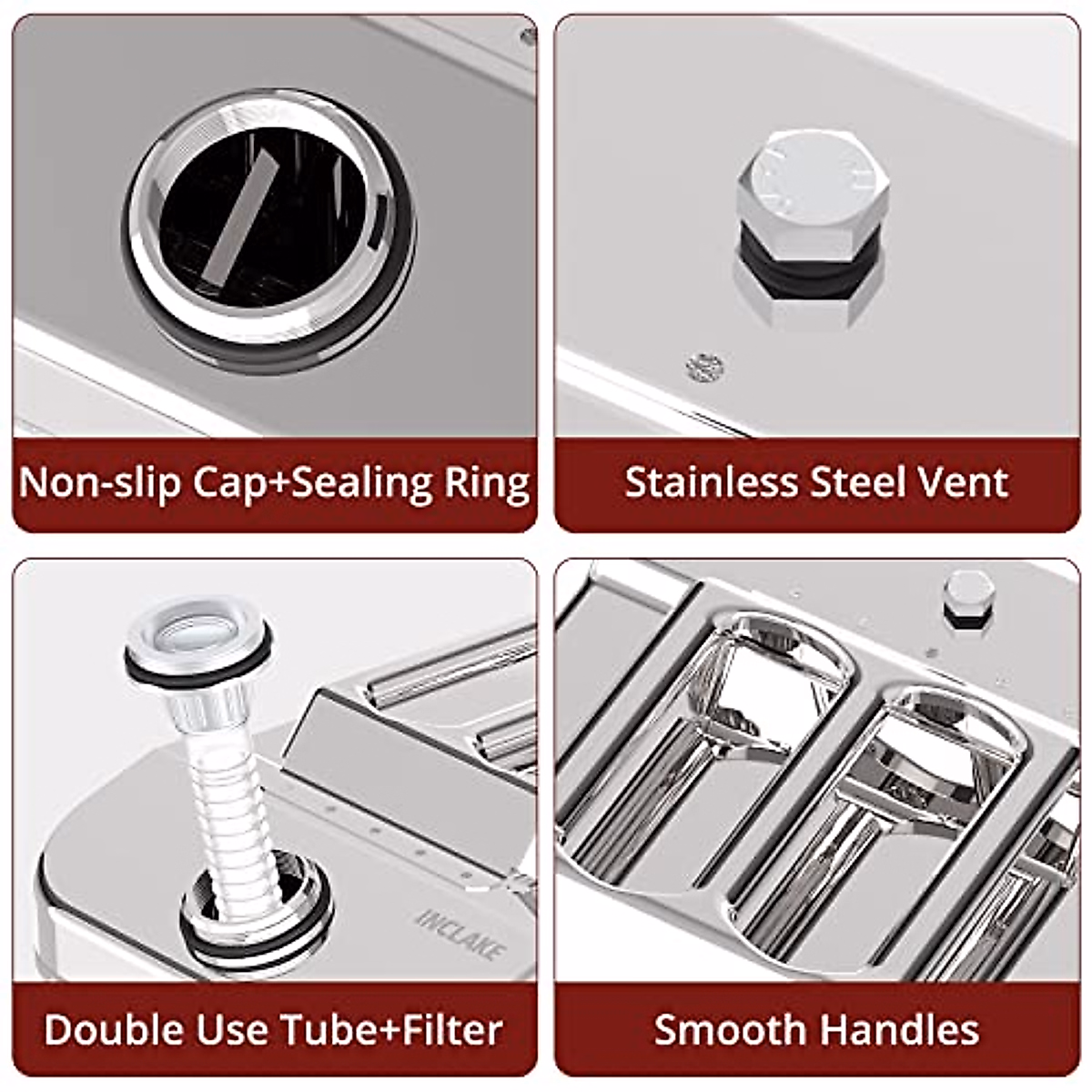 INCLAKE Stainless Steel Gas Can, Tight Sealed Thickened Fuel Can, Emergency Backup Metal Gasoline Diesel Can with 3 Handles, Flexible Spout & Vent Kit for Cars, Trucks and Boat (30L/ 8Gallon)