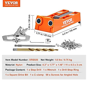 VEVOR Pocket Hole Jig, 56 Pcs Mini Jig Pocket Hole System with 9" C-clamp, Step Drill, Wrench, Drill Stop Ring, Square Drive Bit, and Screws, for DIY Carpentry Projects