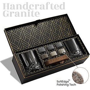 Whiskey Chilling Stones Gift Set - 6 Handcrafted Premium Granite Round Sipping Rocks - 2 Crystal Glass Tumblers - Hardwood Presentation & Storage Tray - Elegant Gold Foil Gift Box by R.O.C.K.S.