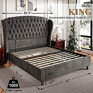 Jocisland Upholstered Bed Frame King Size Wingback Platform Bed Frame Tufted and Headboard Tall Linen Bed Frame/No Box Spring Needed/Wood Slat (Dark Grey)