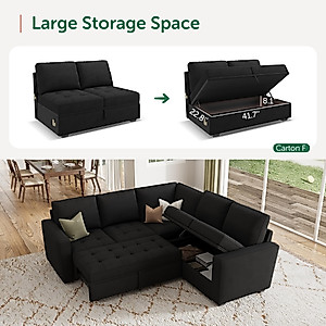 HONBAY Modular Sectional Sleeper Sofa with Pull Out Bed, Velvet Convertible L Shaped Sectional Couch with Storage Seat, Sectional Couches for Living Room, Balck