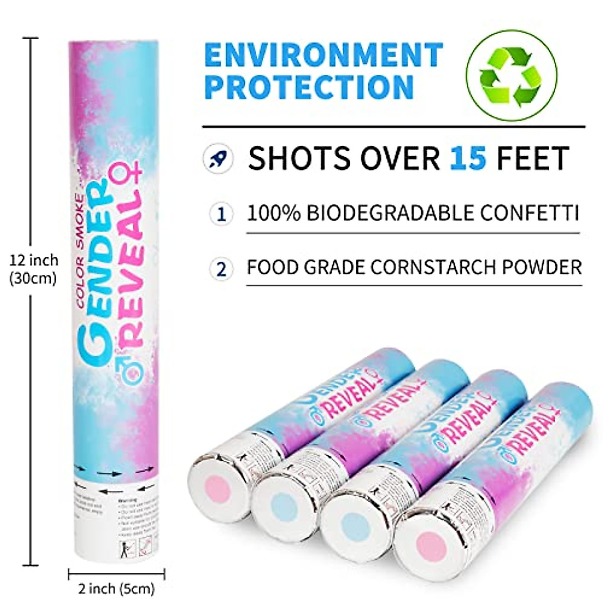 PFXNJDEQ Gender Reveal Confetti Powder Cannon, 2 Blue and 2 Pink, 12 Inch, 100% Biodegradable Powder and Confetti, Gender Reveal Decorations, Gender Reveal Party Game Ideas (Blue and Pink)
