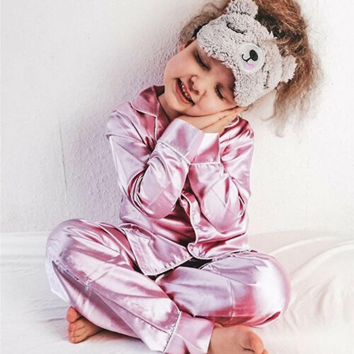 Kids Baby Girl Boy Satin Pajamas Set Button Down Sleep Shirt Top+Long Pants Bottoms Sleepwear Loungewear Clothes (W Pink, 4-5 Years)