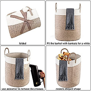 Large 18 x 16 Inches Decorative Woven Cotton Rope Basket，Woven Collapsible Laundry Basket ,Clothes Storage Basket for Blankets,Organize Your Living Room,Baby Nursery,Children/Pet Toys, Shoes, Pillows, Laundry, Towels/Clothes with This Premium Quality Wov