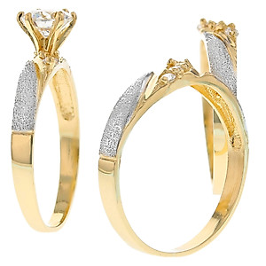 10k Two Tone Gold His & Hers Trio CZ Wedding Ring Sets